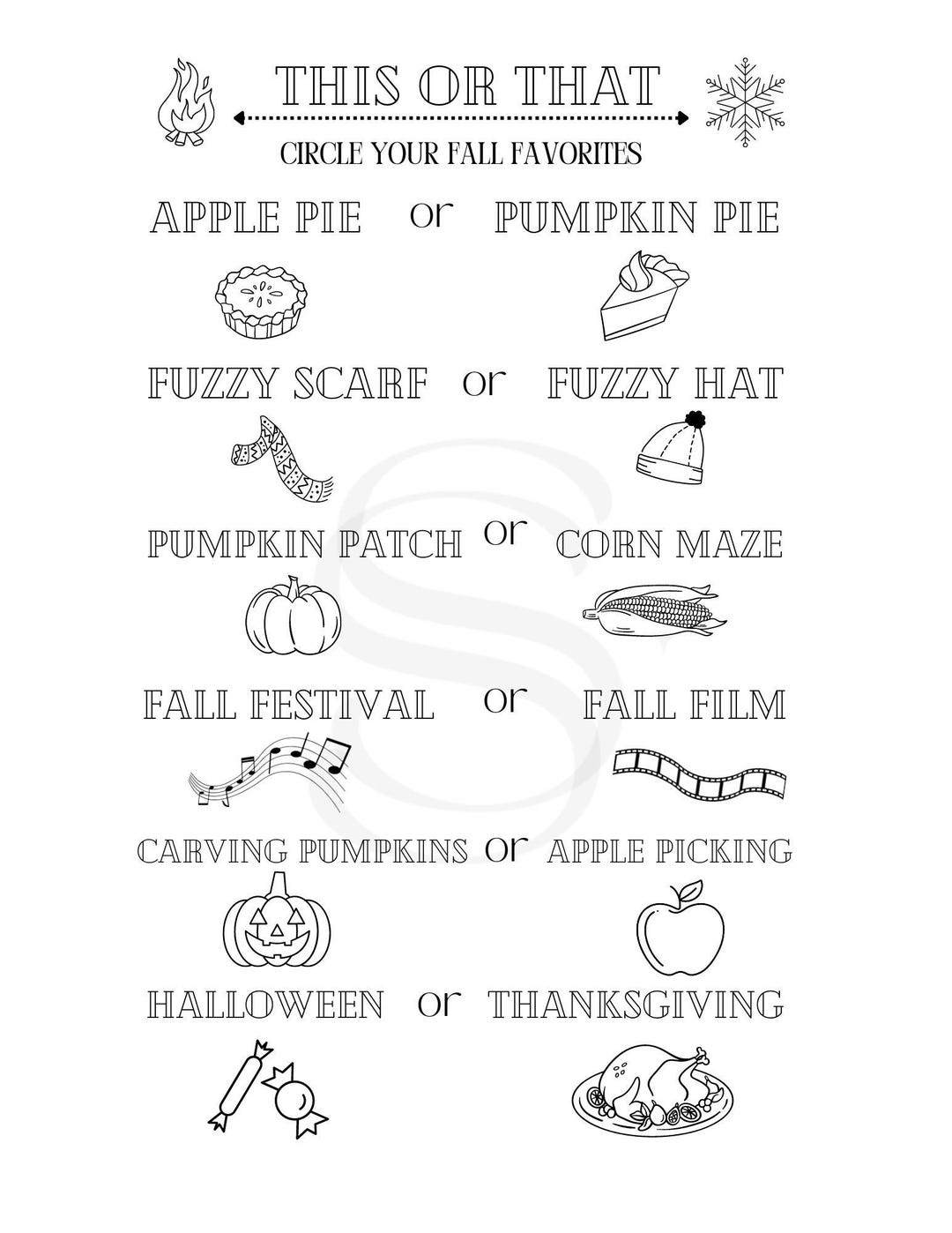 Fall Favorites Worksheet, This or That Activity Sheet, Coloring Page ...
