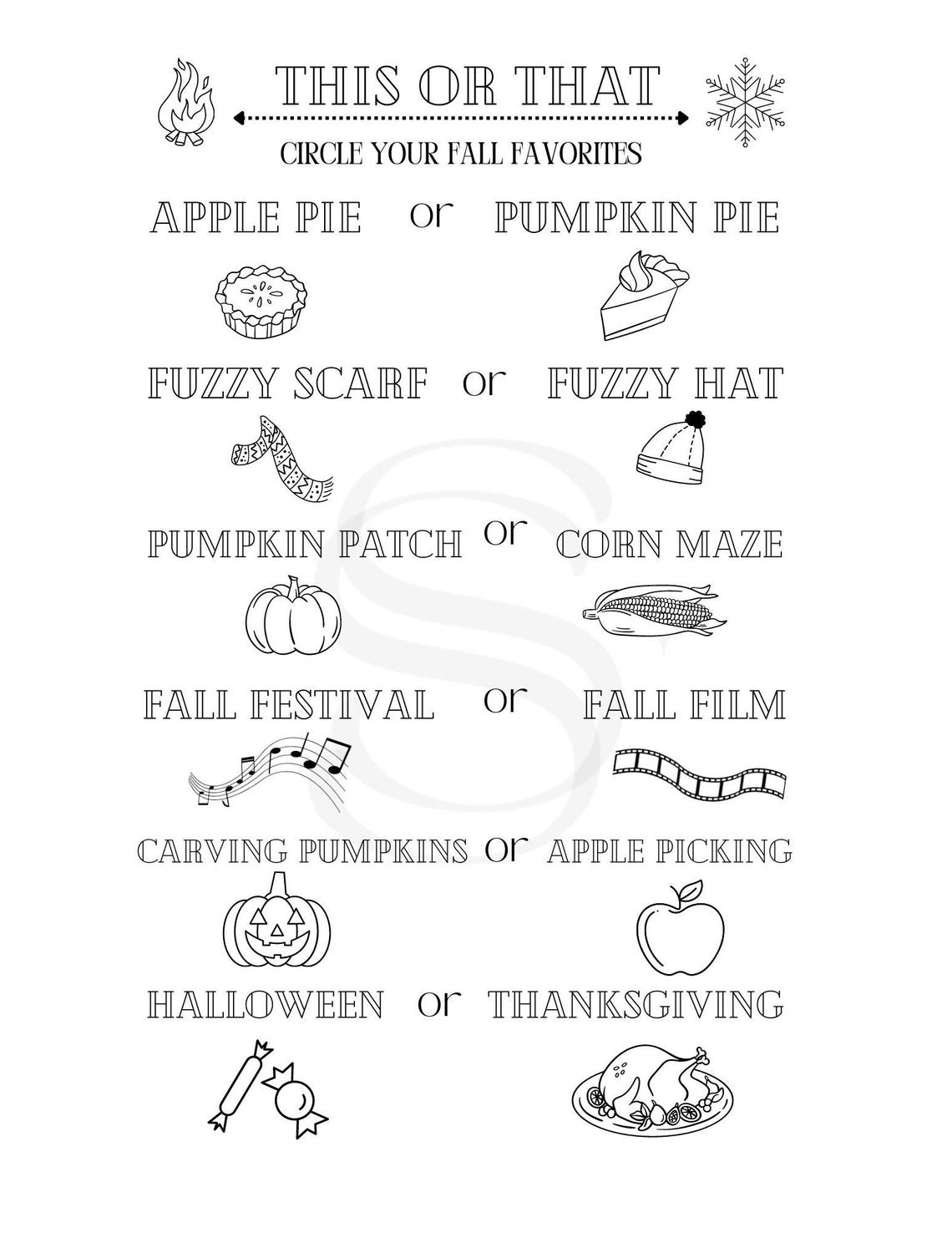 Fall Favorites Worksheet, This or That Activity Sheet, Coloring Page ...