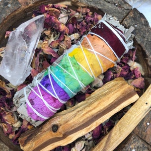 7 Chakra Sage Wand With Palo Santo & Crystal Quartz Bundle Option | 4in ...