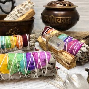 7 Chakra Sage Wand With Palo Santo & Crystal Quartz Bundle Option | 4in ...