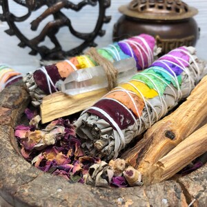 7 Chakra Sage Wand With Palo Santo & Crystal Quartz Bundle Option | 4in ...