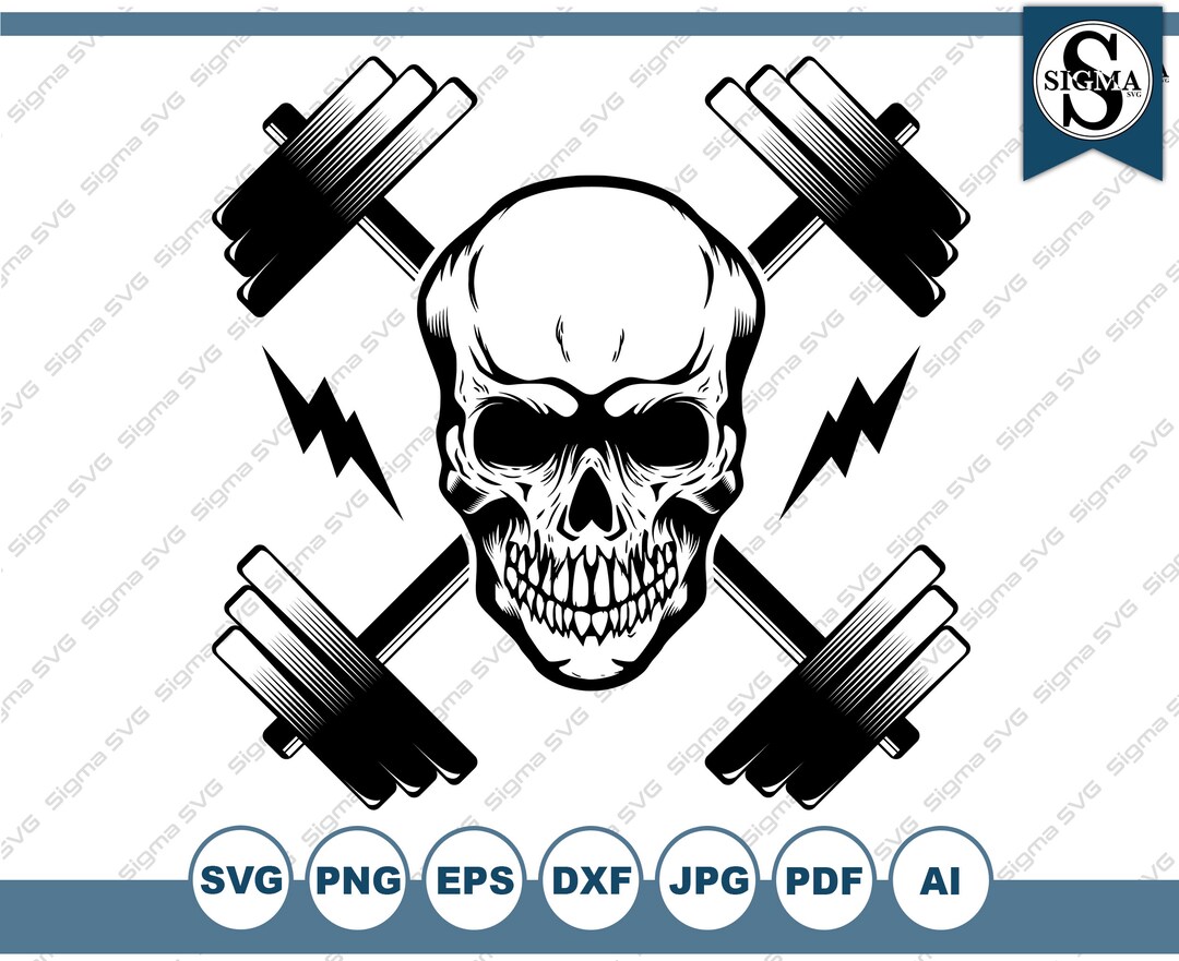 Skull Lightning Weights SVG, Skull Svg, Gym Svg, Fitness Clipart ...