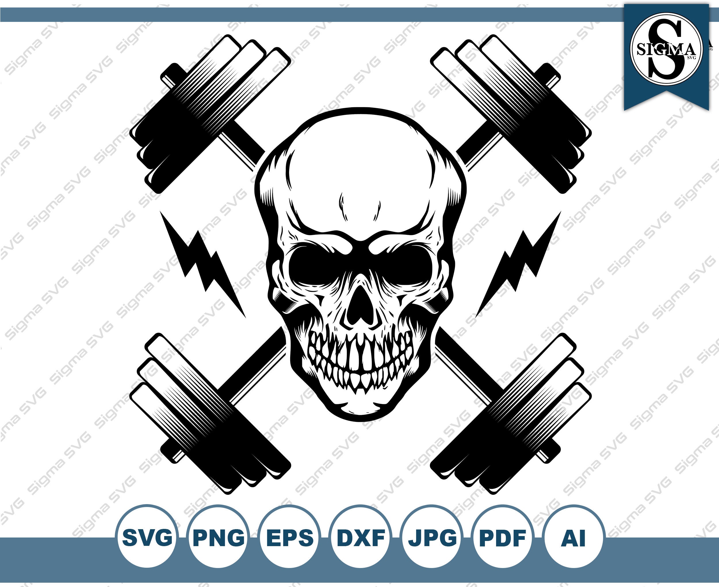 Skull Lightning Weights SVG, Skull Svg, Gym Svg, Fitness Clipart ...