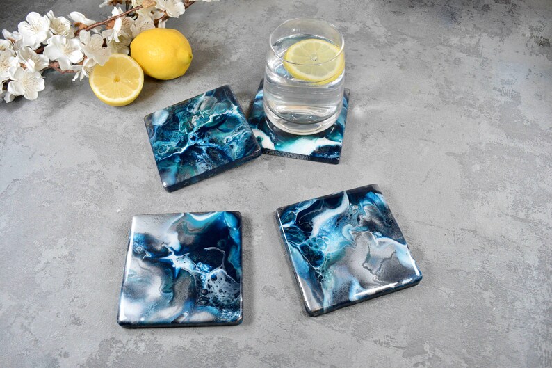 Blue Silver Resin Art Drinks Coasters Fathers Day Gift Ideas | Etsy