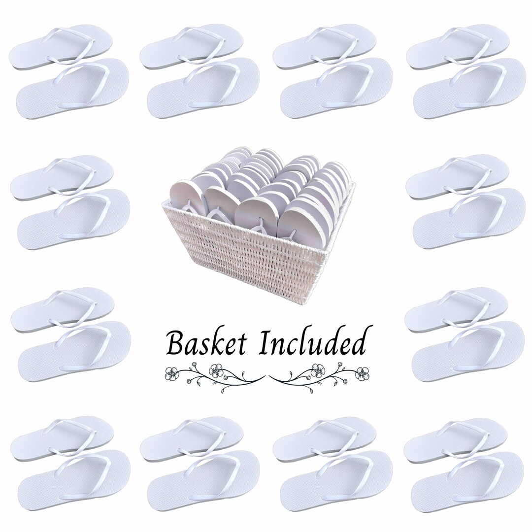 60 Pairs White Wedding Flip Flops Bulk | Basket Included | One Size ...
