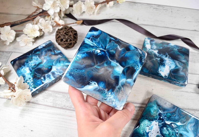 Blue Silver Resin Art Drinks Coasters Fathers Day Gift Ideas | Etsy
