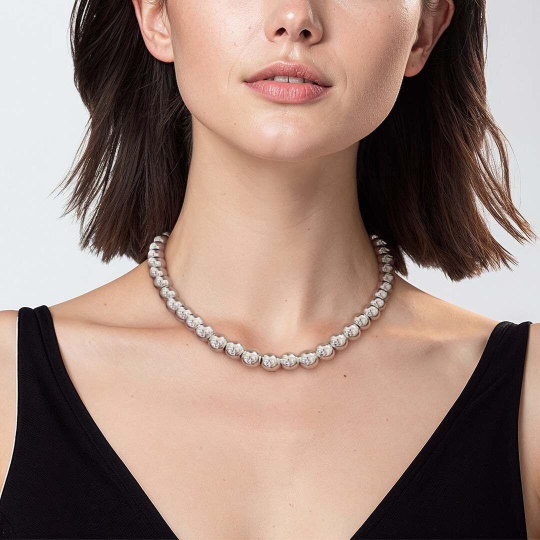 10mm Sterling Silver Ball Necklace 10mm Ball Bead Necklace Silver Pearl ...
