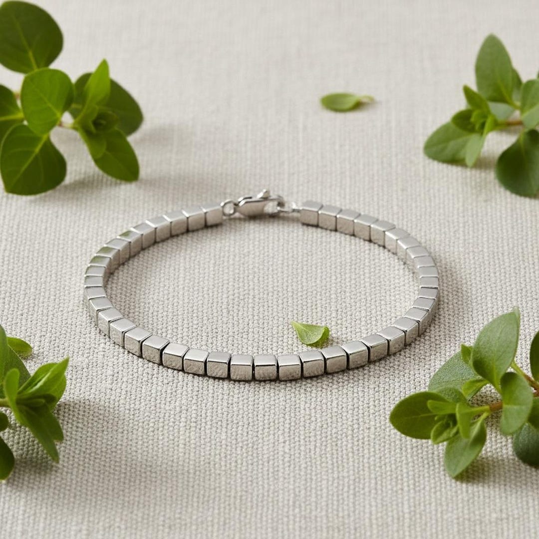 Sterling Silver Square Bead Bracelet, Unisex Minimalist Jewelry - Etsy