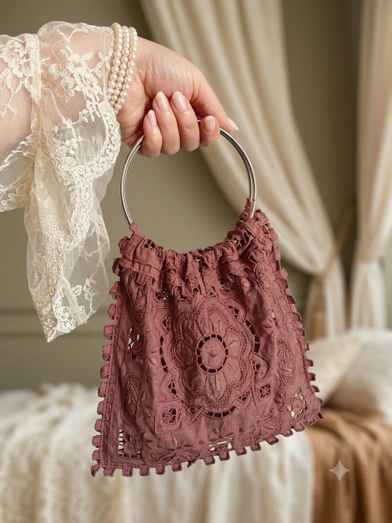 Antique Hand-embroidered &hand-painted Brown Bag – Silver Ring Handle ...