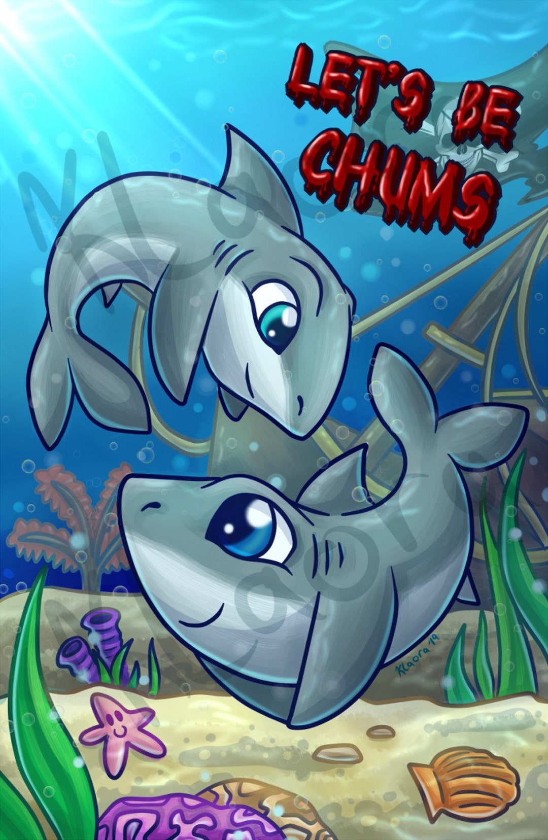 Let's Be Chums Cute Kawaii Smol Shark Underwater Sea Ocean Poster Print ...