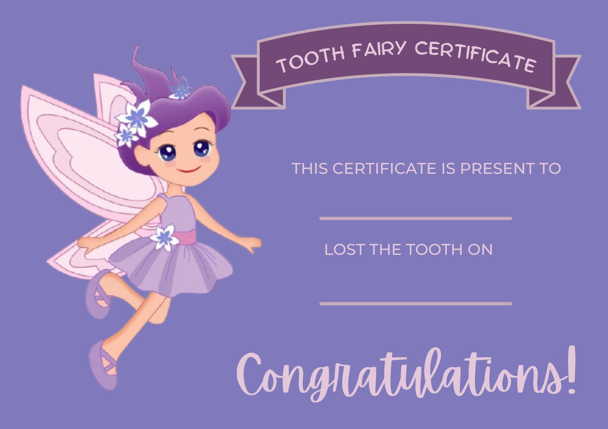 Tooth Fairy Certificate for Girls Lost Tooth Tooth Fairy - Etsy
