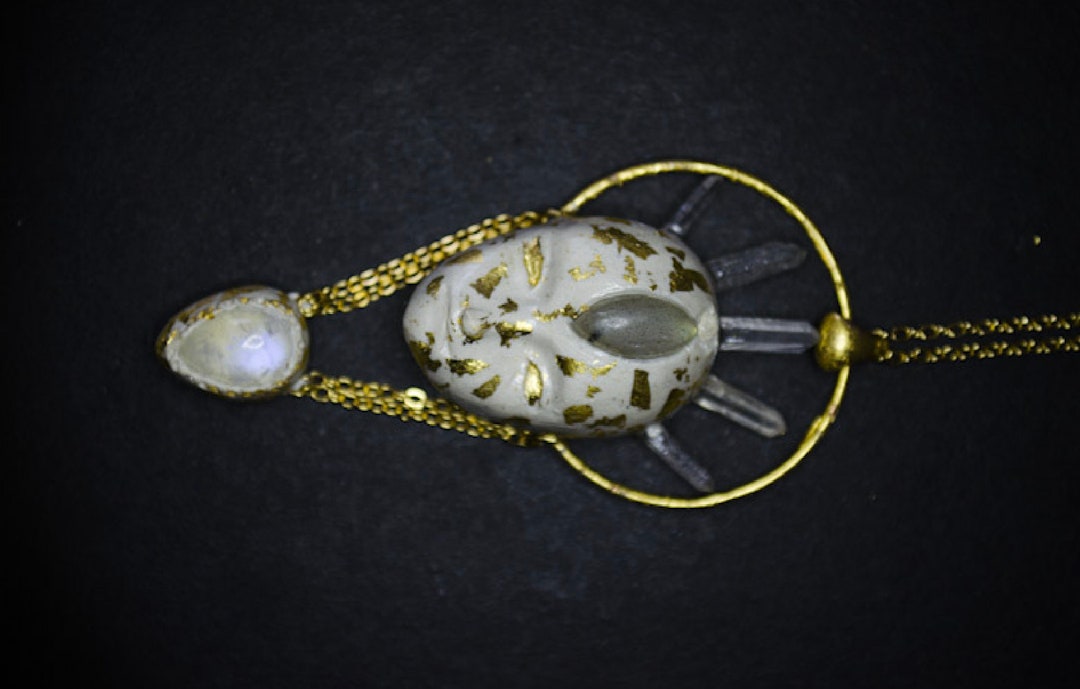 Crystal Goddess Head Mask Boho Pendant Alien, 24k Gold, Polymer Clay ...