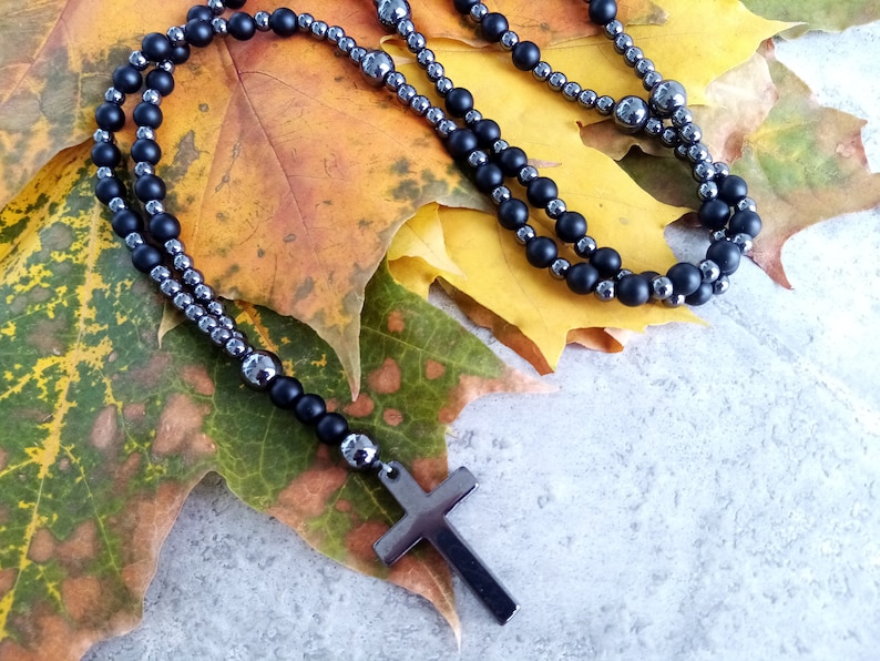 Valentines Gift Men Shungite Mens Rosary Necklace Catholic Gemstone ...