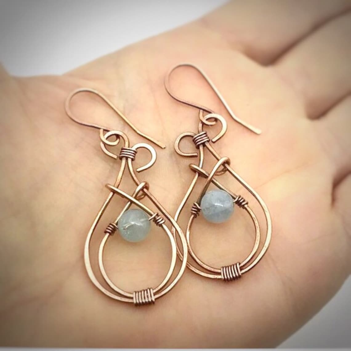 Small Aquamarine Double Teardrop swirl Top Design Antiqued - Etsy