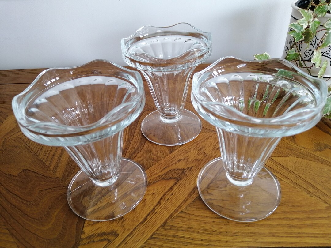 Three Glass Sundae Dishes, Bowls, on Stems Medium Size Ruffled Tops Ice ...