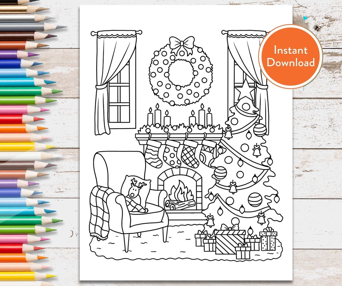 Christmas Cozy Living Room With Tree Version 2 Coloring Page | INSTANT ...