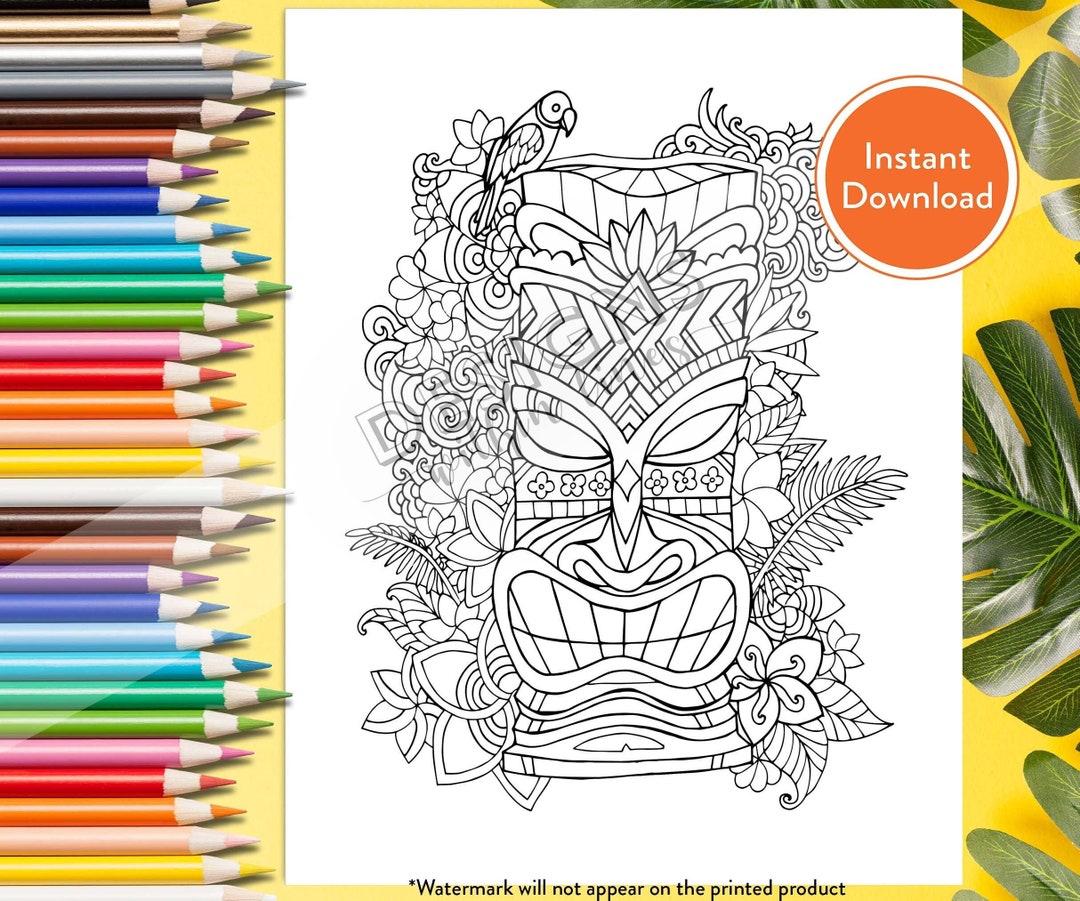 Printable Tropical Tiki DIGITAL Coloring Page | INSTANT DOWNLOAD - Etsy