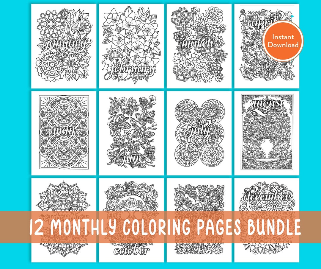 Printable 12 Monthly Coloring Pages DIGITAL Coloring Page | INSTANT ...