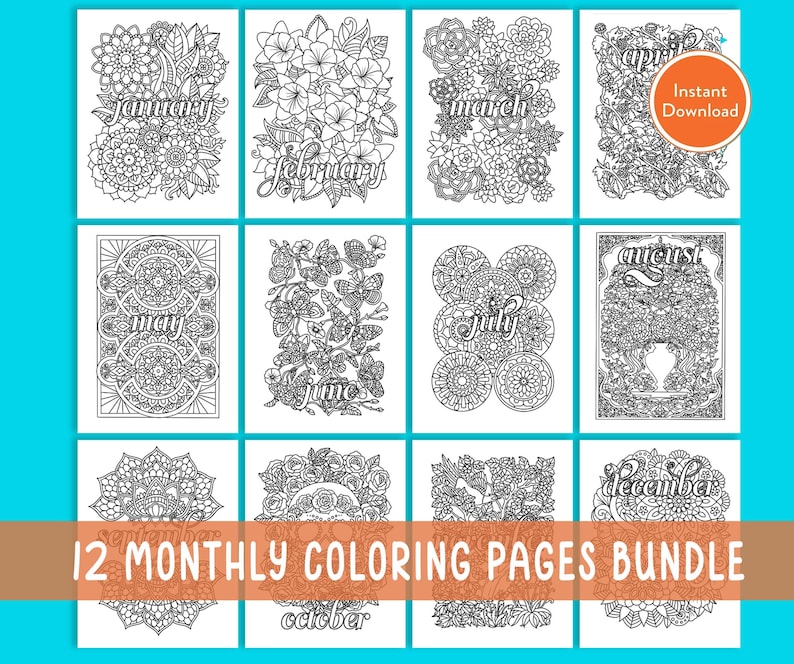 Printable 12 Monthly Coloring Pages DIGITAL Coloring Page | INSTANT ...