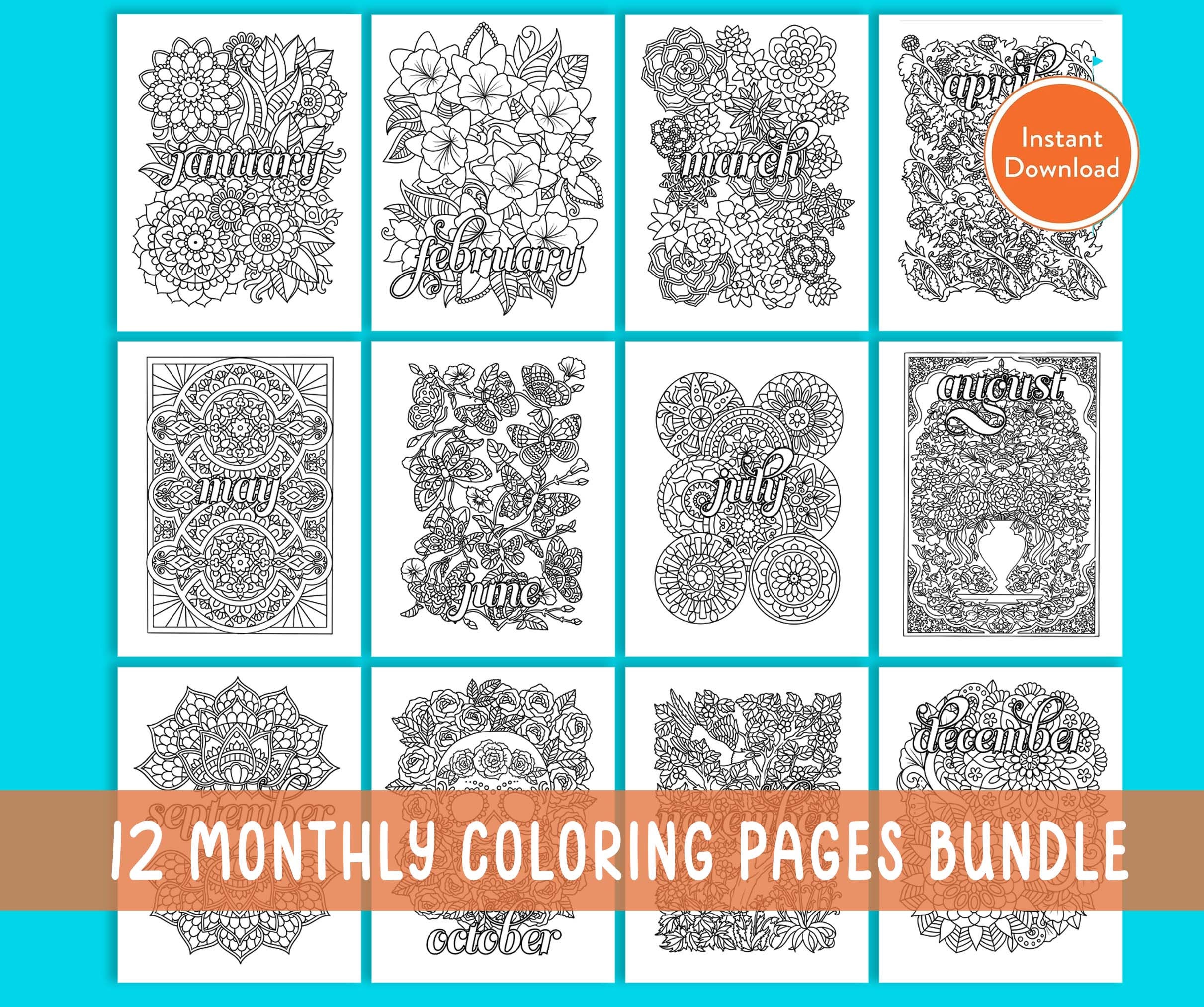 Printable 12 Monthly Coloring Pages DIGITAL Coloring Page | INSTANT ...