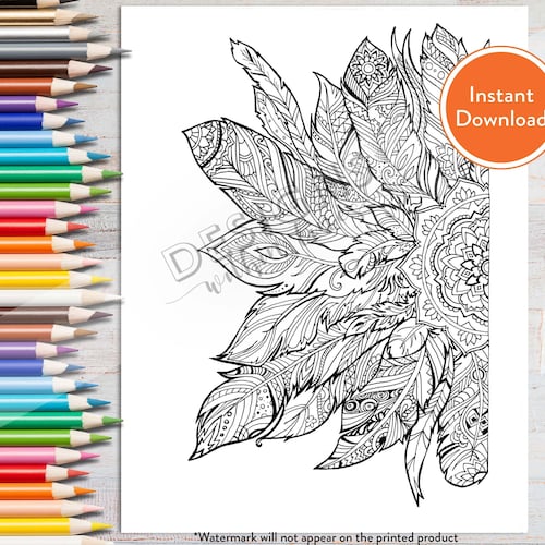Printable Mandala Feathers DIGITAL Coloring Page INSTANT - Etsy