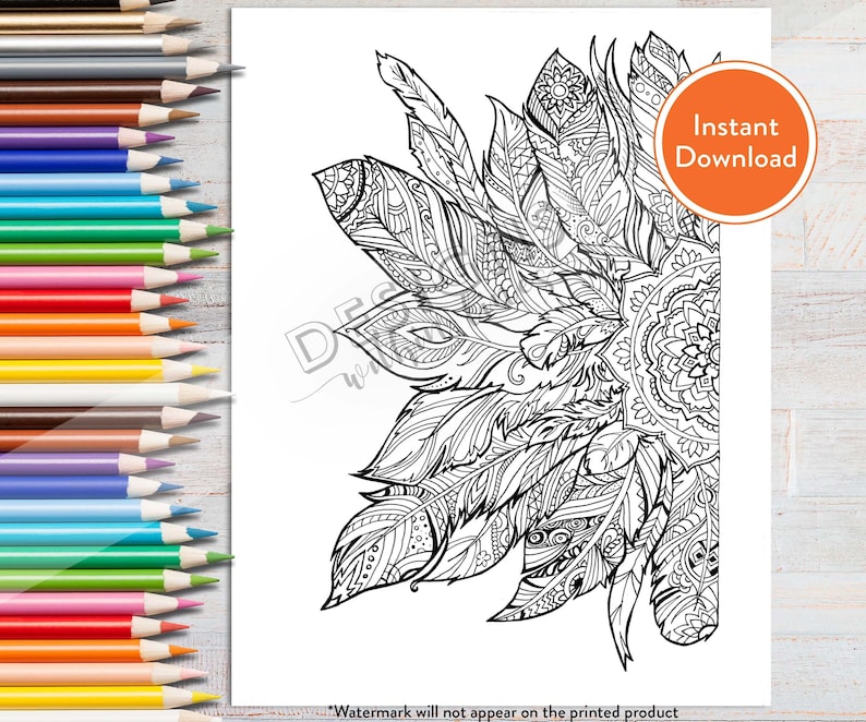 Printable Mandala Feathers DIGITAL Coloring Page | INSTANT DOWNLOAD - Etsy
