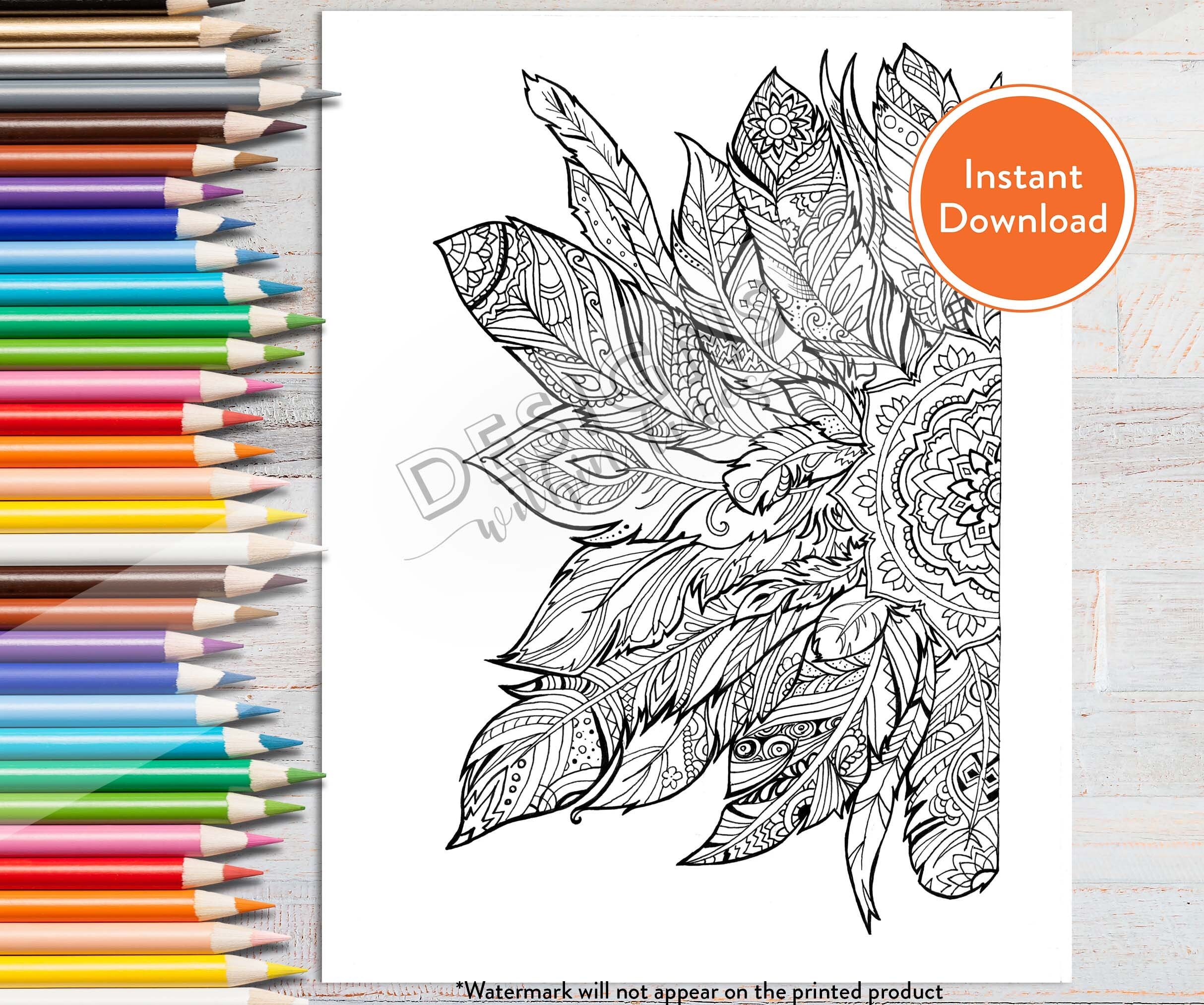 Printable Mandala Feathers DIGITAL Coloring Page | INSTANT DOWNLOAD - Etsy