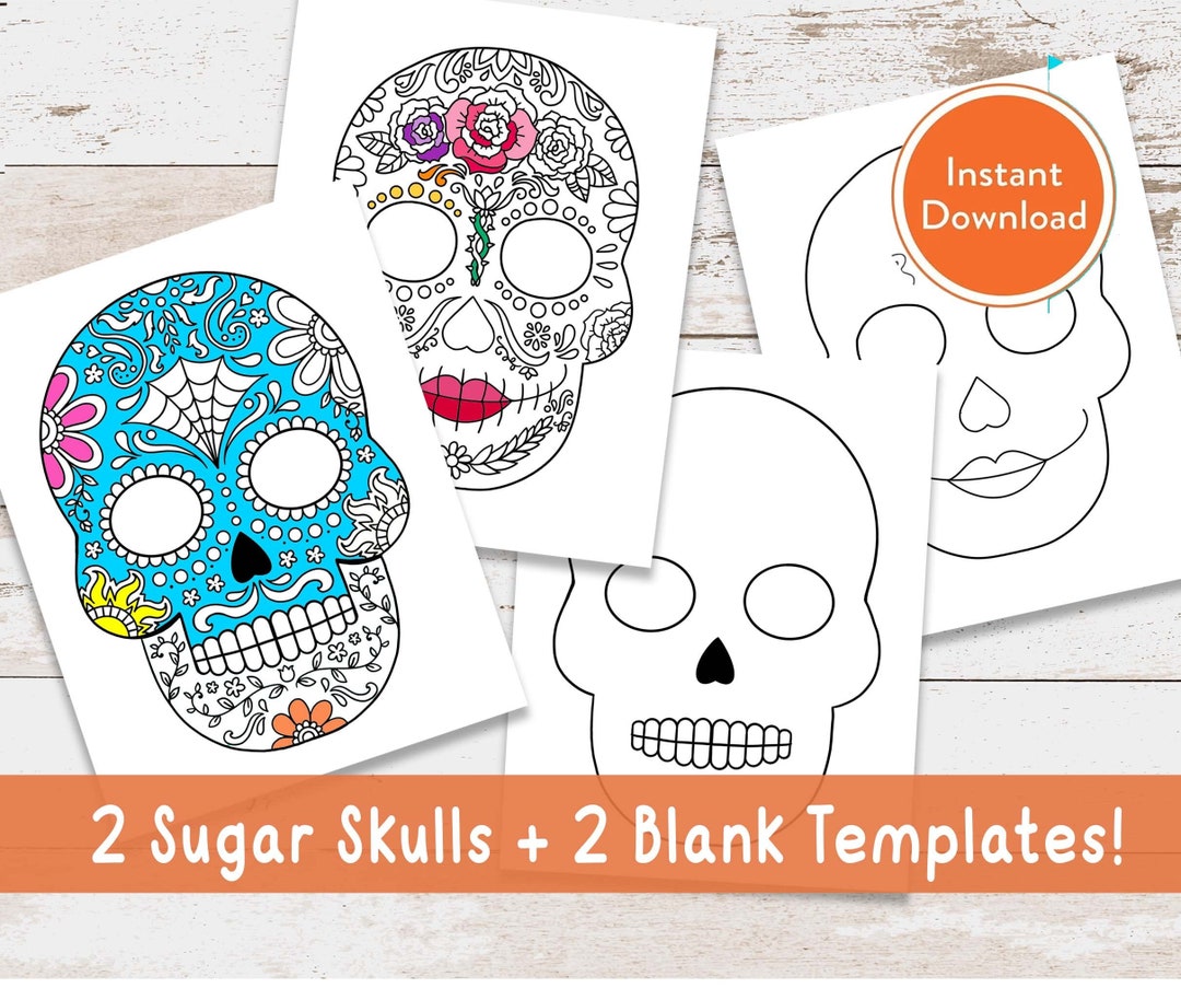 Printable Sugar Skulls Halloween Masks Bundle Digital Coloring Page ...