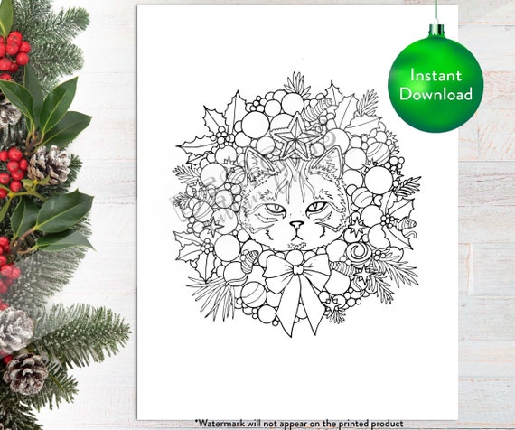 Holiday Cat Wreath DIGITAL Coloring Page INSTANT DOWNLOAD - Etsy