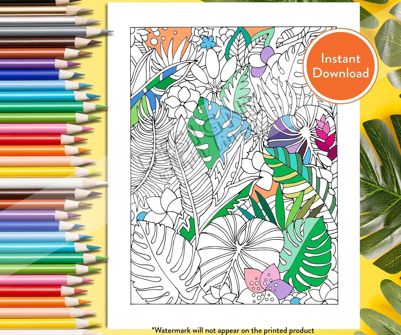 Printable Tropical Leaves DIGITAL Coloring Page | INSTANT DOWNLOAD - Etsy