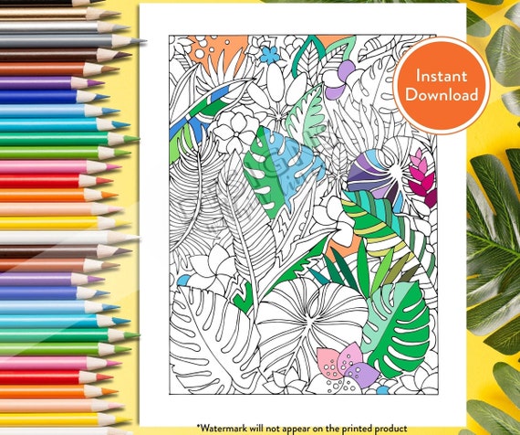 Printable Tropical Leaves DIGITAL Coloring Page INSTANT | Etsy