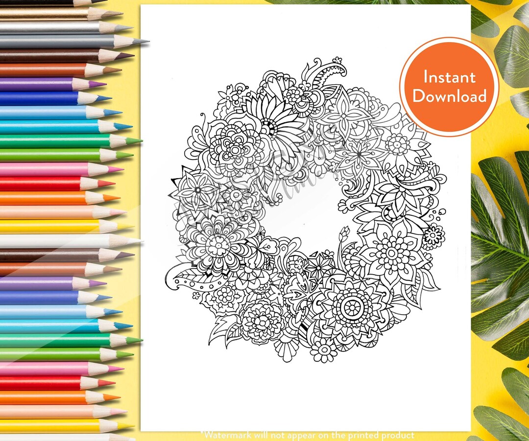 Printable Mandala Flower Wreath DIGITAL Coloring Page | INSTANT ...
