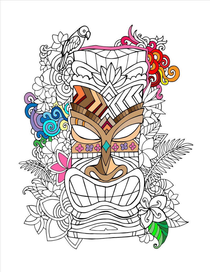 Printable Tropical Tiki DIGITAL Coloring Page | INSTANT DOWNLOAD - Etsy