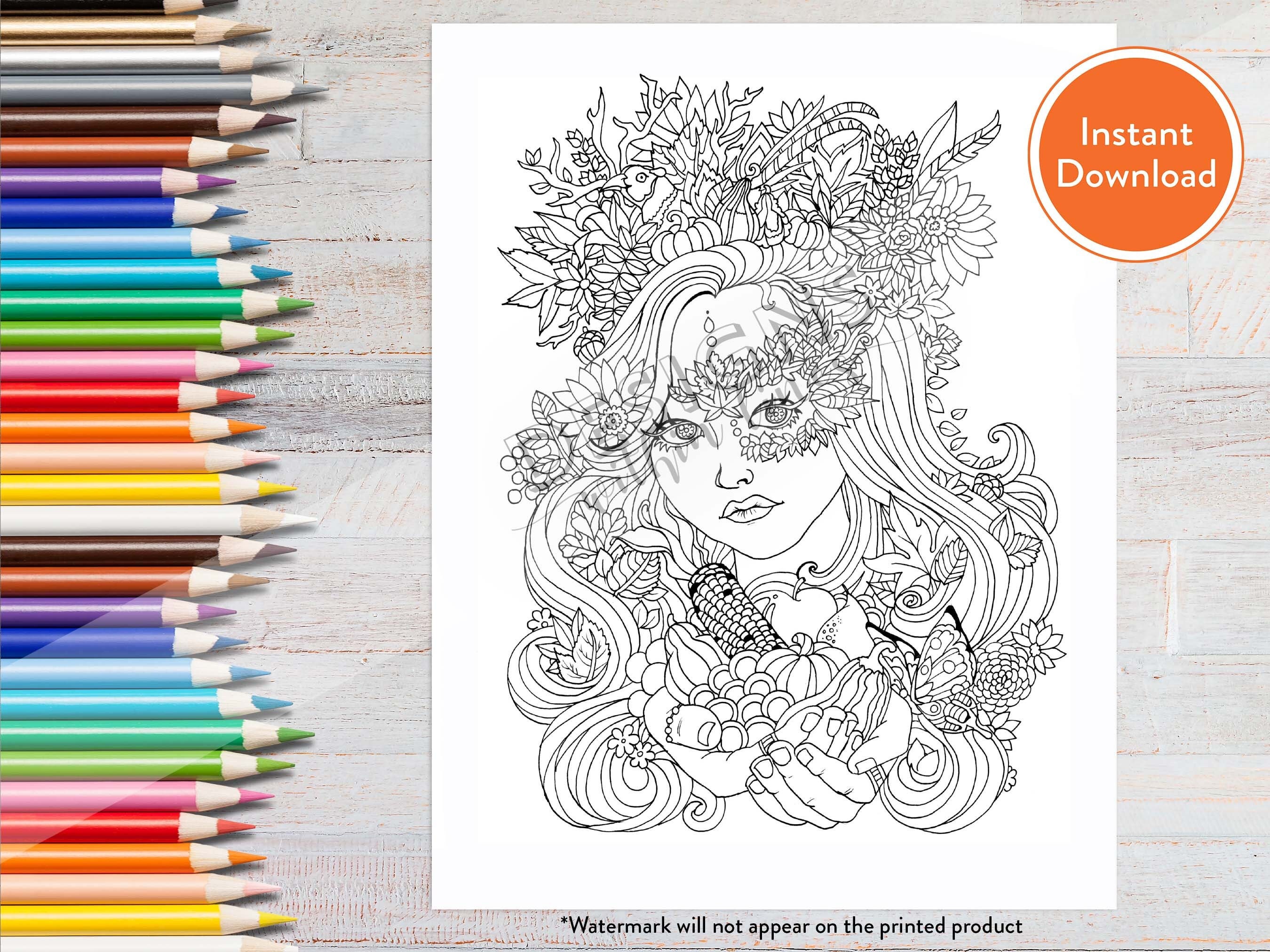 Printable Autumn Fall Girl | DIGITAL Coloring Page | INSTANT DOWNLOAD ...