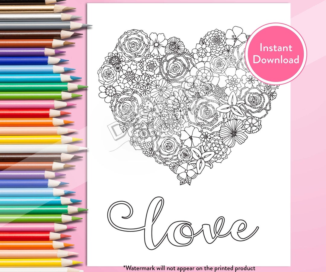 Floral Heart With Love DIGITAL Coloring Page | INSTANT DOWNLOAD - Etsy