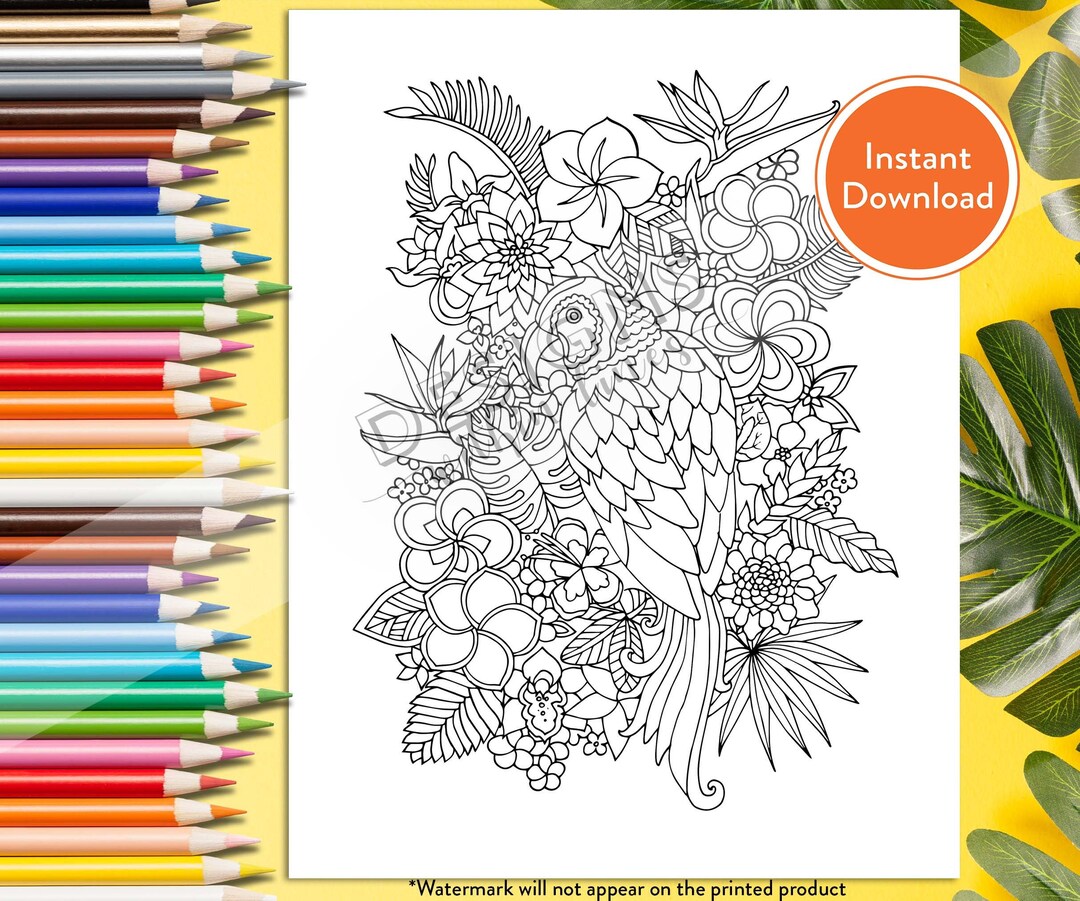 Printable Tropical Parrot DIGITAL Coloring Page | INSTANT DOWNLOAD - Etsy