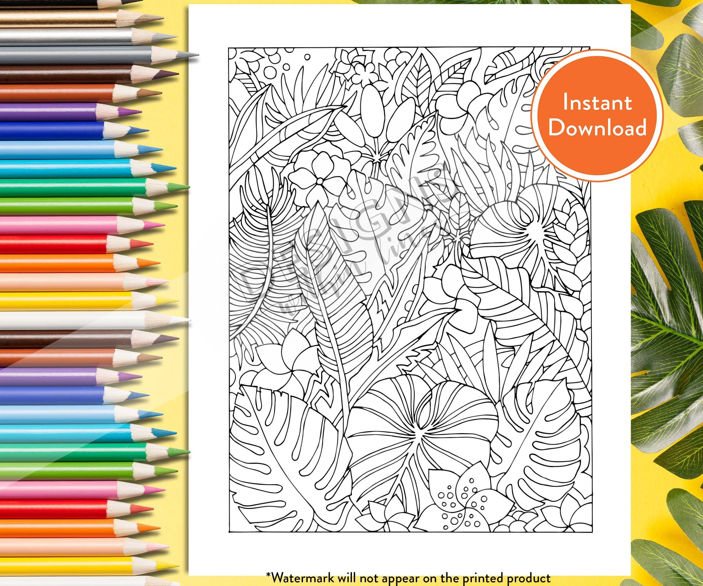 Printable Tropical Leaves DIGITAL Coloring Page | INSTANT DOWNLOAD - Etsy