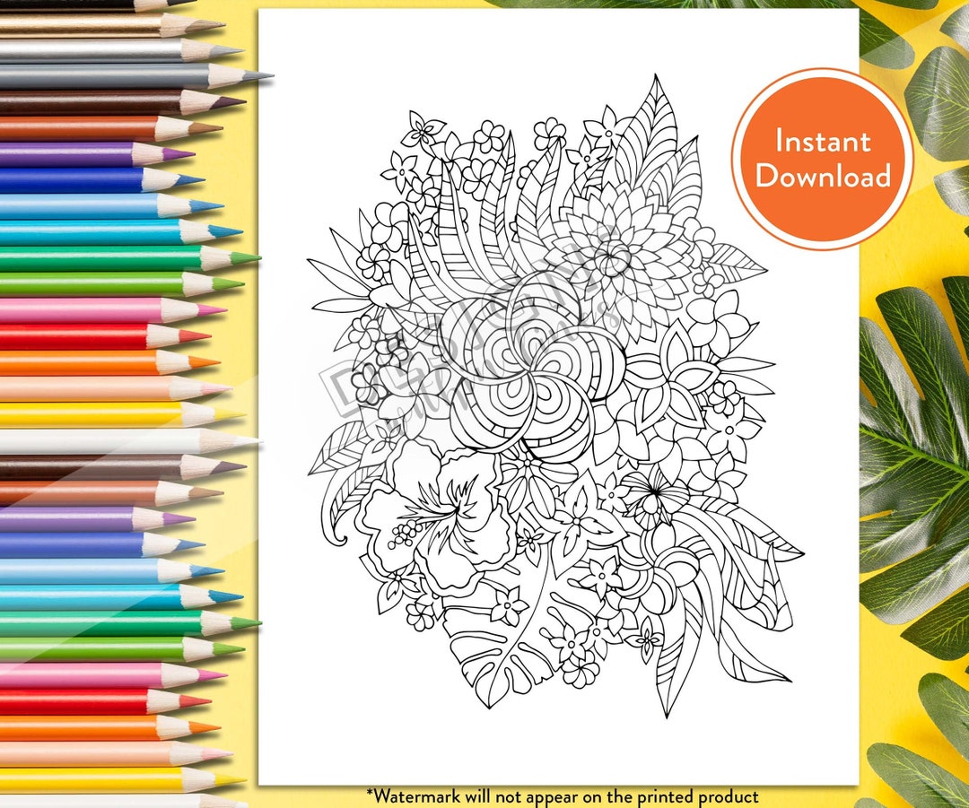 Printable Tropical Flowers DIGITAL Coloring Page | INSTANT DOWNLOAD - Etsy
