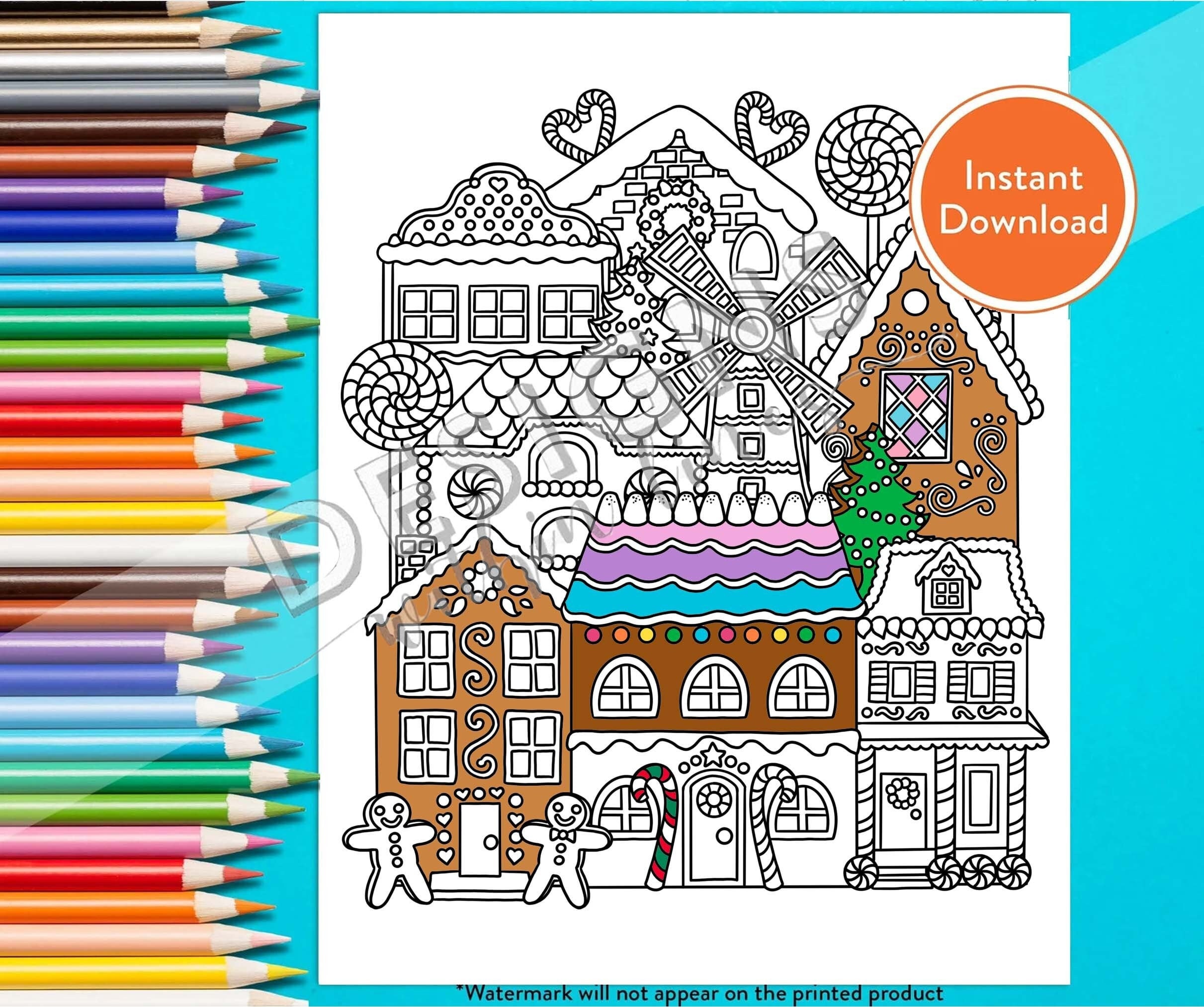 Christmas Gingerbread Village Digital Coloring Page | INSTANT DOWNLOAD ...