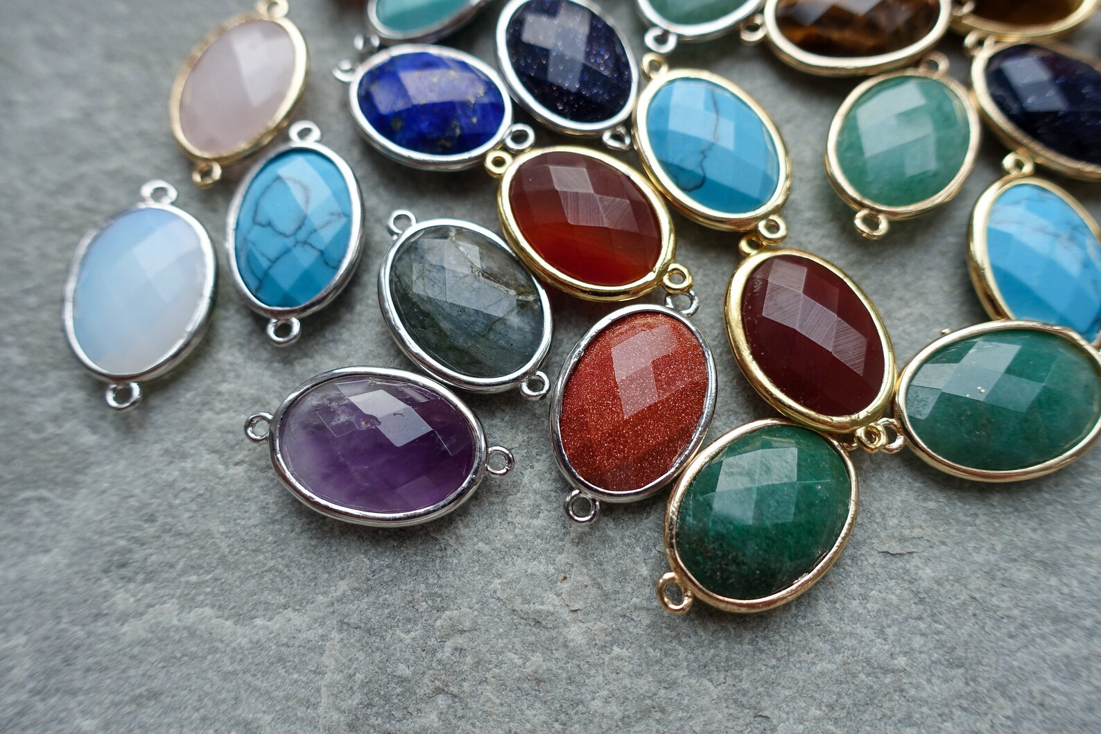 50% off 14 Colors - Gemstone Quartz Connector Finding, Oval Stone Link ...