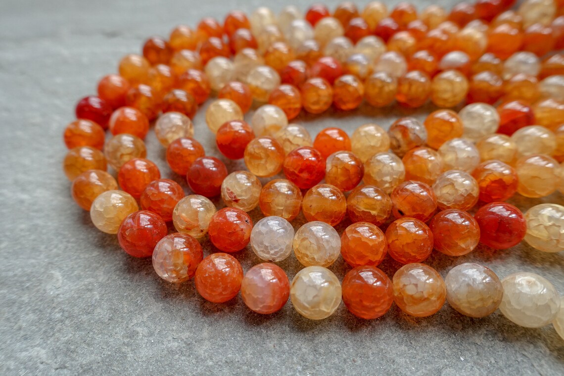 3 Sizes - Natural Orange Fire Crackle Agate, 6mm 8mm 10mm Dragon Veins ...