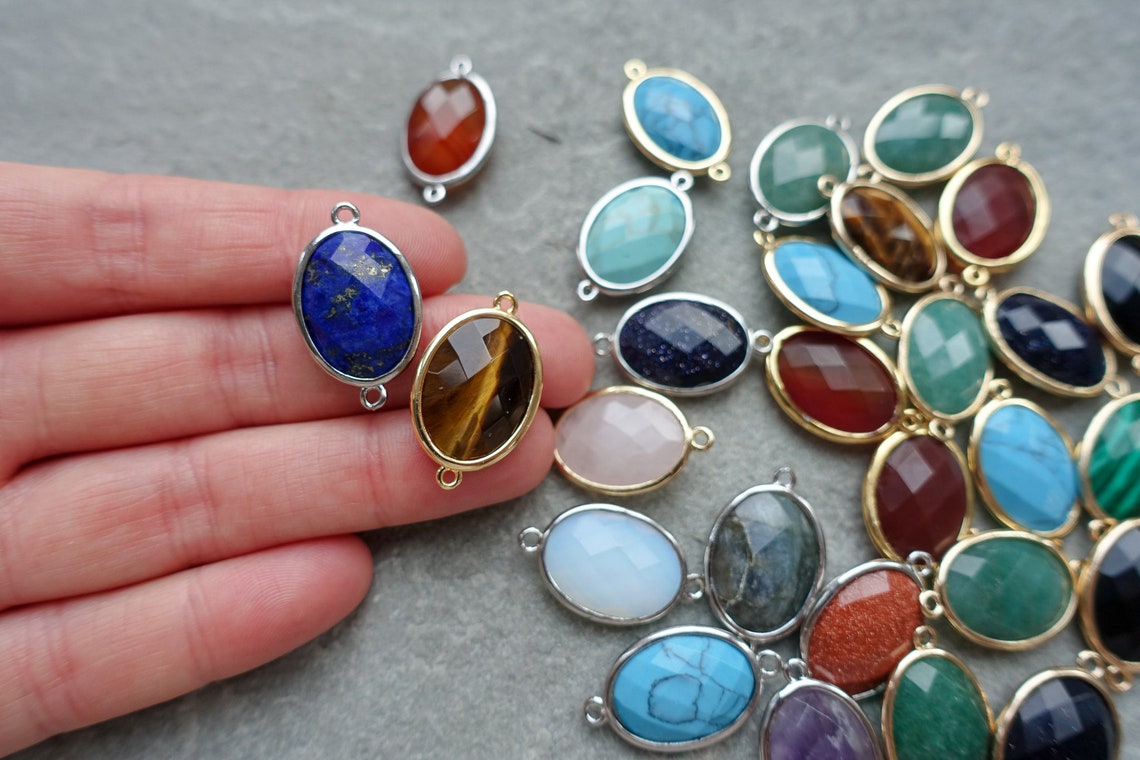 50% off 14 Colors - Gemstone Quartz Connector Finding, Oval Stone Link ...