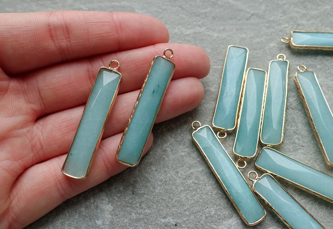 Colored Jade Stone Rectangle Drop Pendant, Faceted Charm With Brass ...