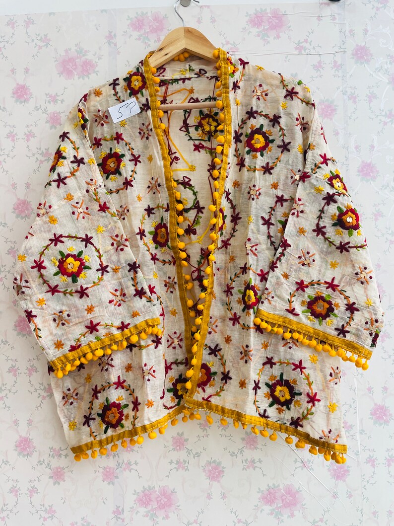 Women's Silk Phulkari Jacket Kimono Embroiderd Short Jacket ...
