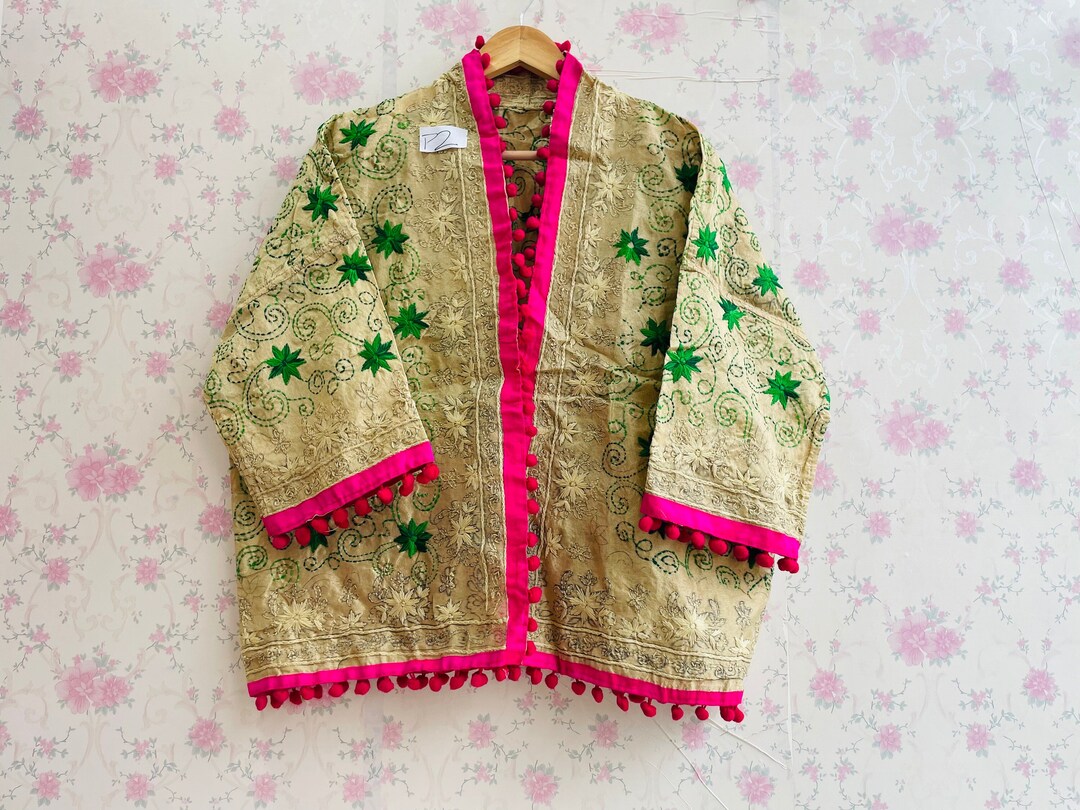 Women's Silk Phulkari Jacket Kimono Embroiderd Short Jacket ...