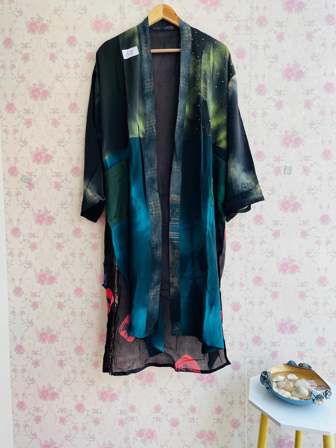 Vintage Silk TIE-DYE Kimono Patchwork Sari Robe Dressing Gown Bathing ...
