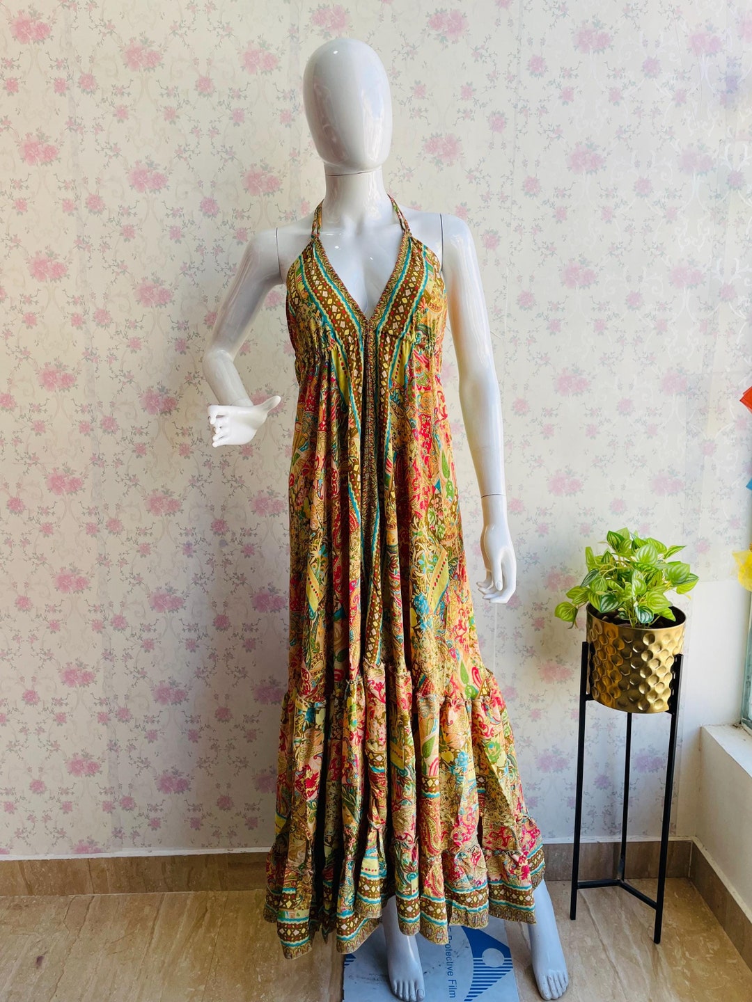 V Neckline Maxi Open Back Dress || Long Bohemian Halter Dress || Summer Free Size Flowy Dress ...