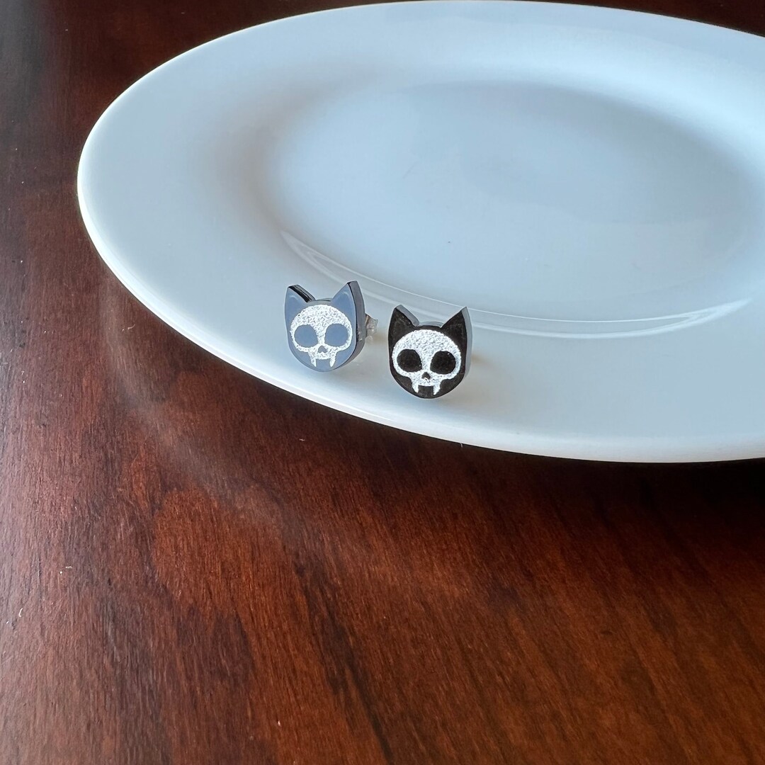 Cat Skull Earrings, Cat Skull Jewelry, Cat Skeleton Earrings, Halloween ...