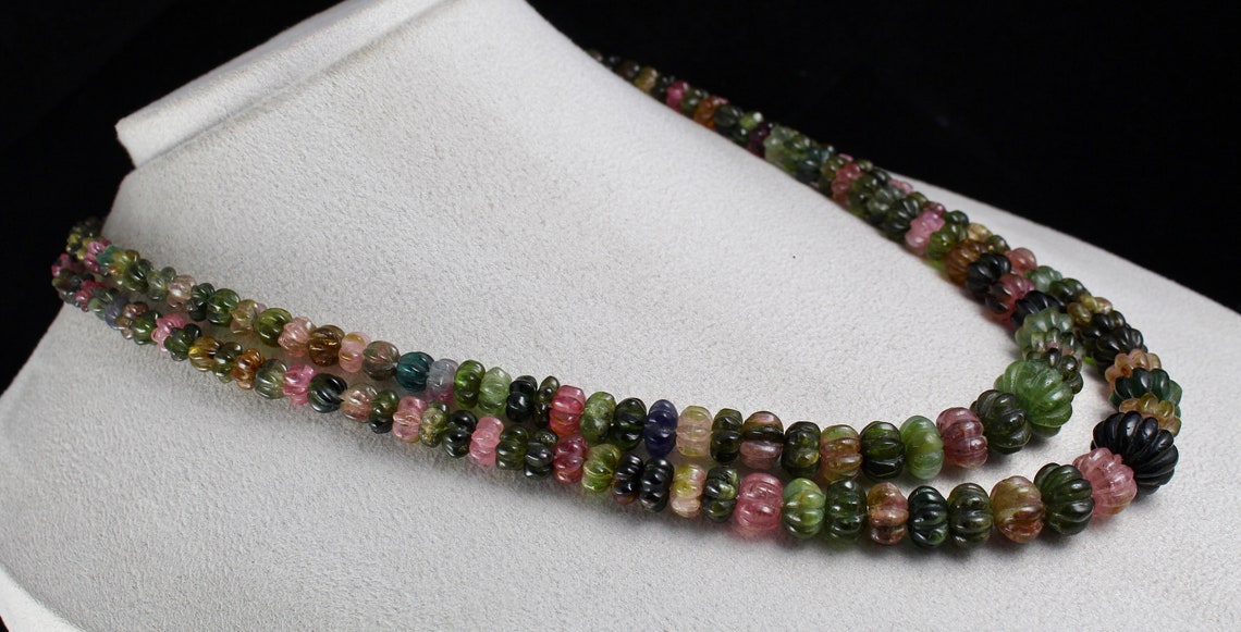 Antique Natural Multi TOURMALINE Beads Melon Carved 2 Line 602 | Etsy