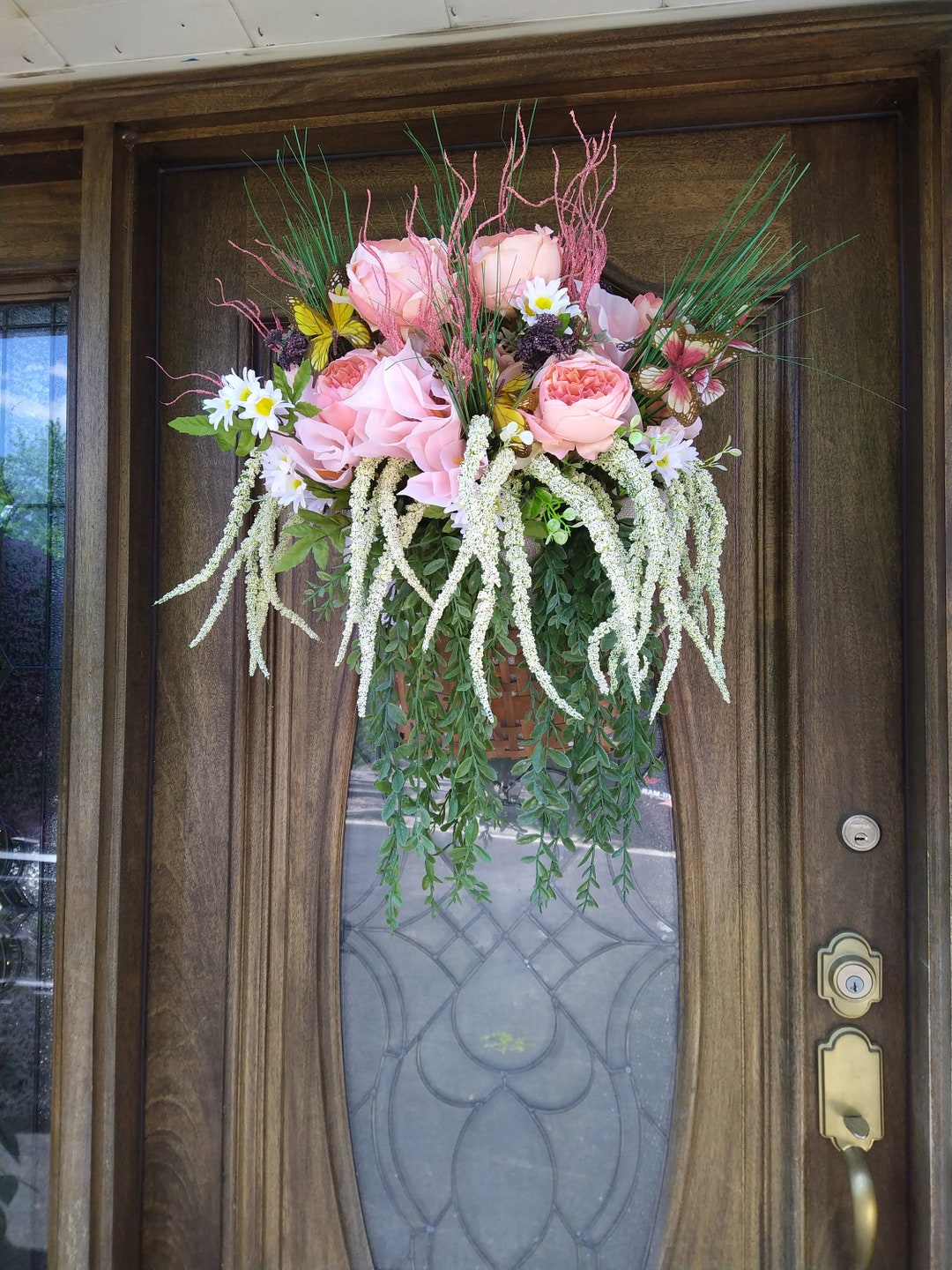 Spring Door Decoration, Door Wreath, Door Basket, Pink Floral Decor ...